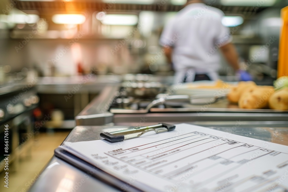 A kitchen setting with a food safety checklist on a clipboard, all ...