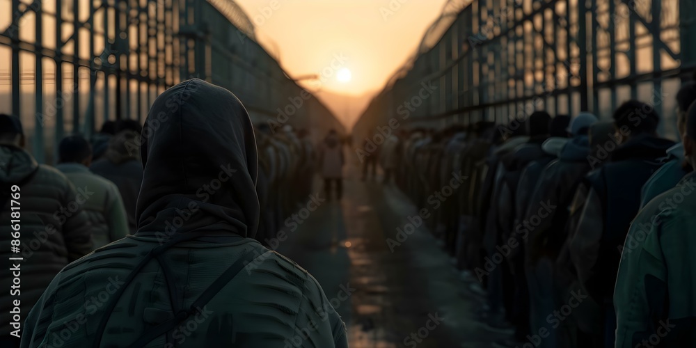 Fictional characters stand in long line at border crossing with high ...