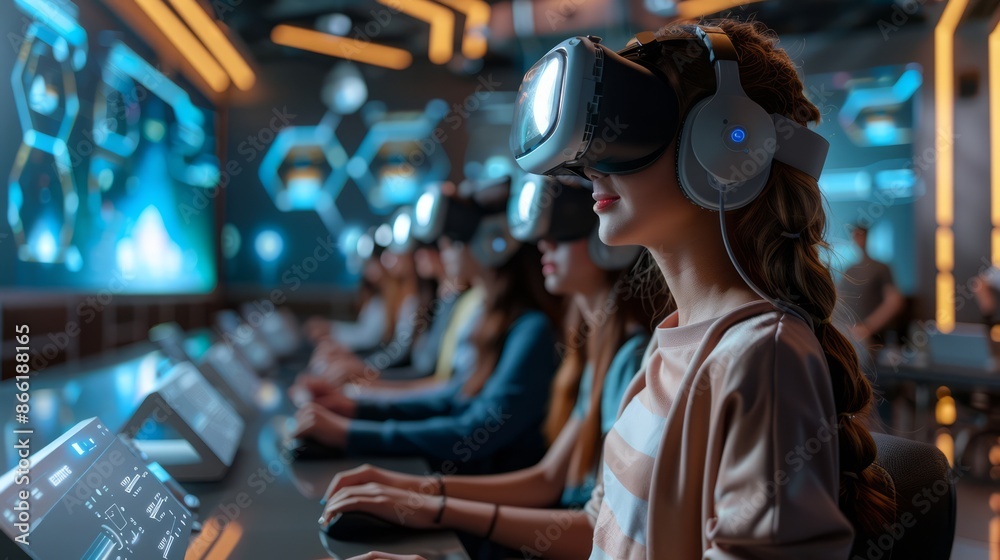 students participating in a virtual reality simulation in a futuristic ...