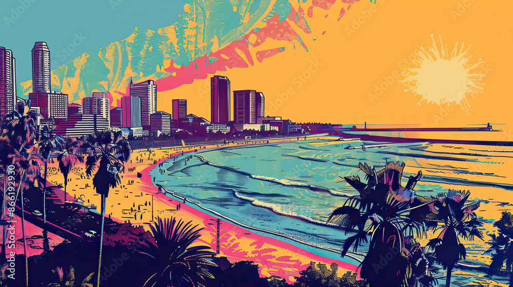 Risograph riso print travel poster, card, wallpaper or banner illustration, modern, isolated ...