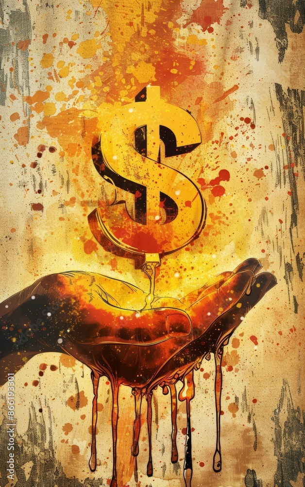 A golden dollar sign drips from a hand, symbolizing wealth, prosperity ...