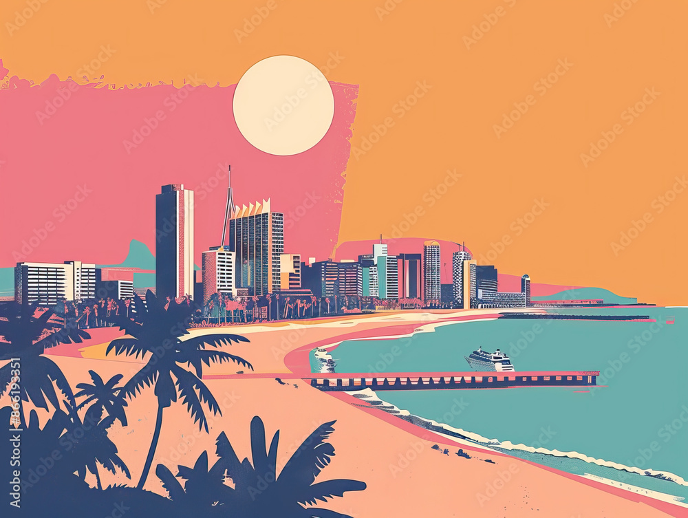 Risograph riso print travel poster, card, wallpaper or banner illustration, modern, isolated ...