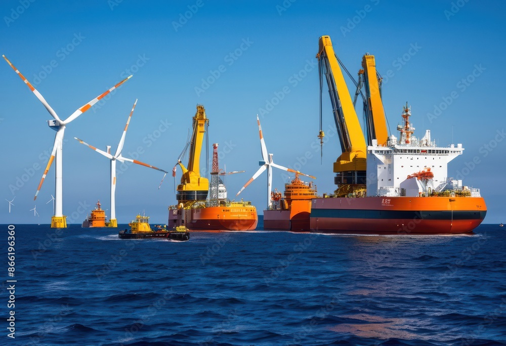 maintenance ships surrounding floating offshore wind turbines sea ...
