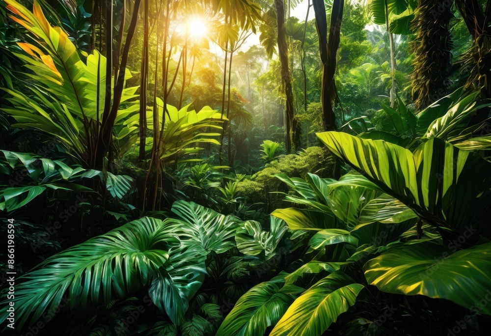 lush tropical foliage bathed sunlight filtering through canopy ...