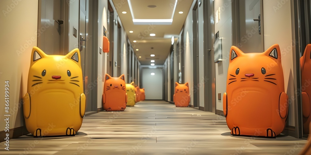 Colorful cartoon cats in hotel corridors for creative banner design ...