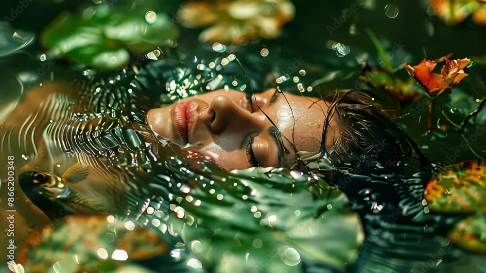 A depiction of the upper torso of a water nymph emerging gracefully ...