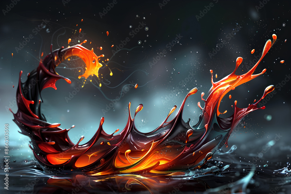 Abstract fiery liquid splash in digital art style, reflective surface ...