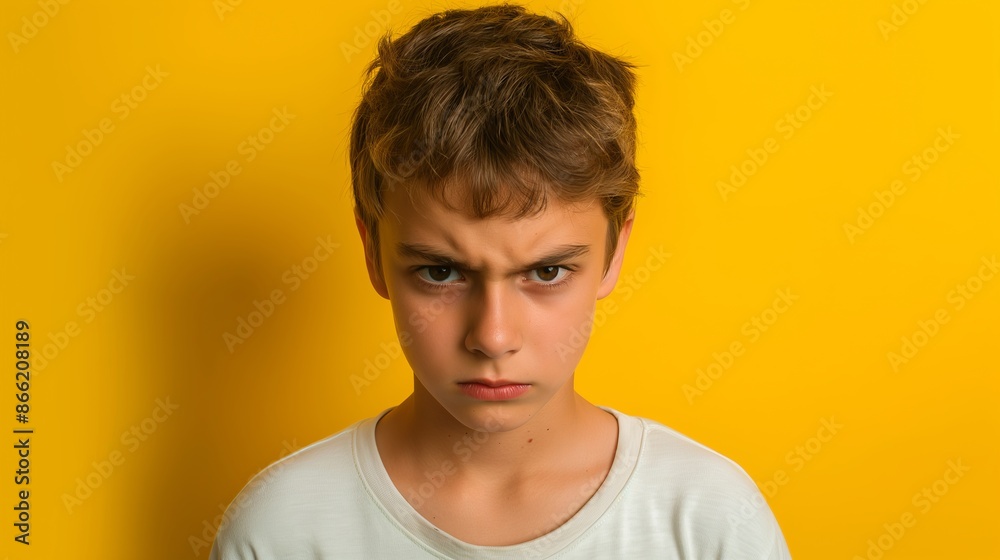 angry teen boy with frown and raised eyebrow, yellow background ...