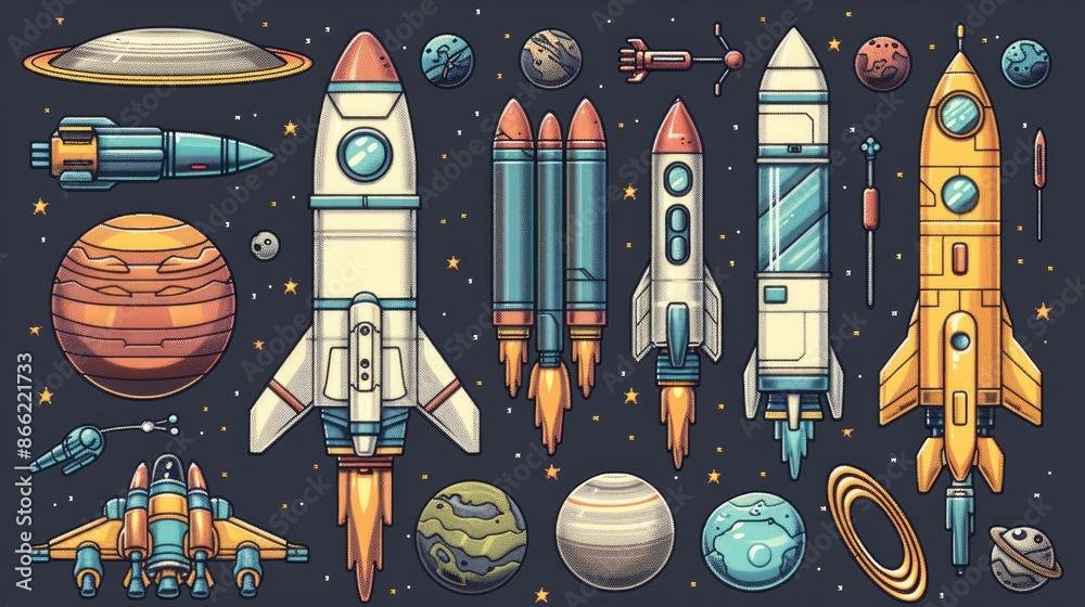 An 8bit pixel art game asset collection, featuring space planets, rockets, and starcraft ...