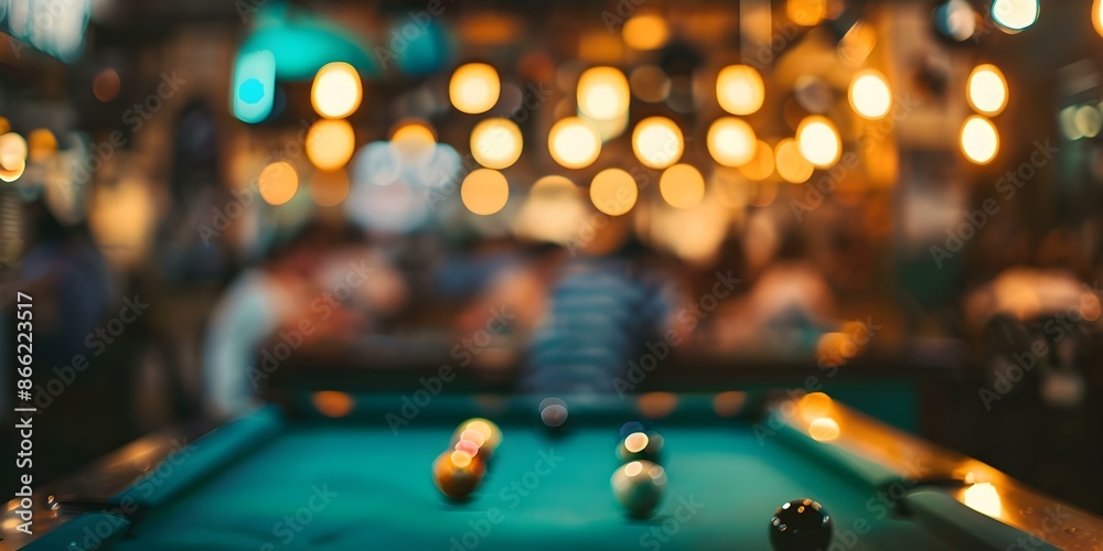 Blurred crowd in busy pub side view of pool table corner pocket ...