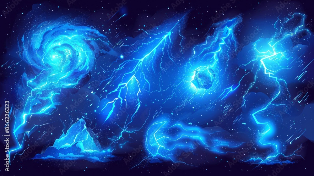 Cartoon blue lightning thunder and storm thunderbolt strike. Vector ...