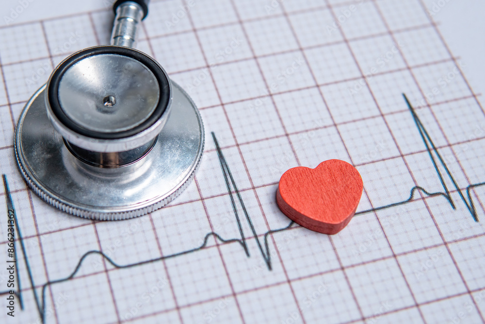 Closeup image of a stethoscope and red heart on a electrocardiogram ...
