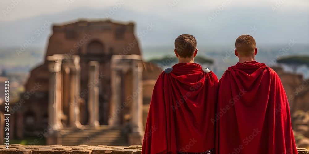Roman soldiers in red cloaks standing guard over ancient temple in ...