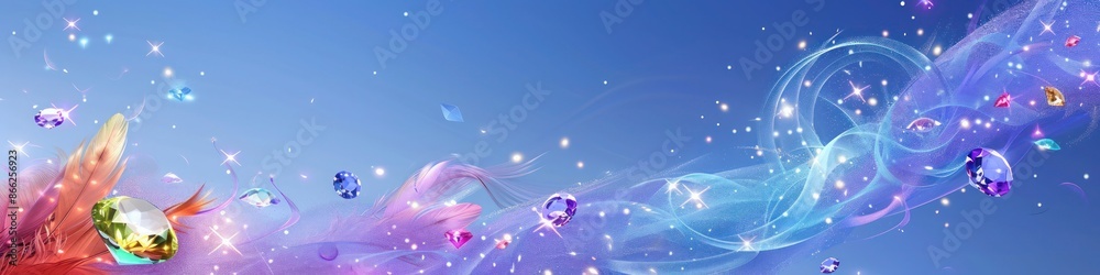 Soft lavender particles swirl around bright colorful gemstones and ...