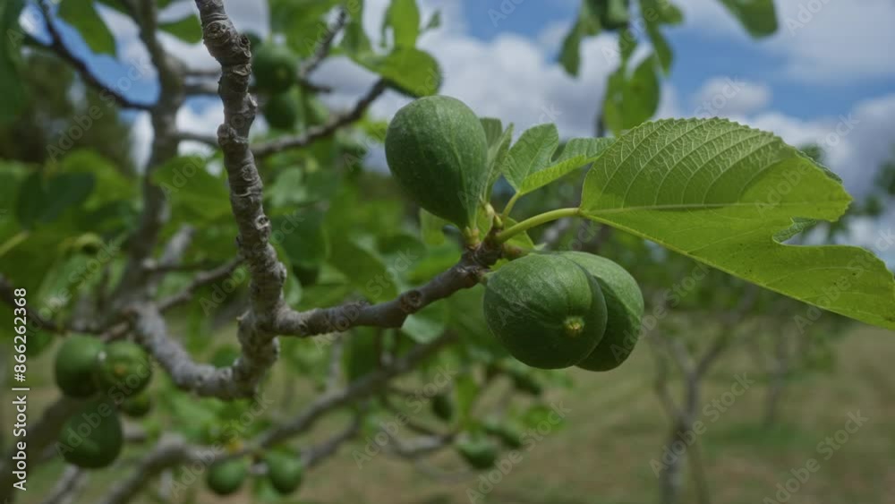 Close-up of a fig tree branch with green leaves and unripe figs in an ...