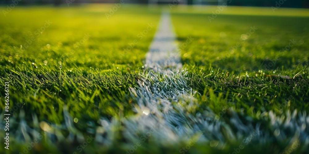 Detailed close-up view of soccer field lines on grass pitch in a ...