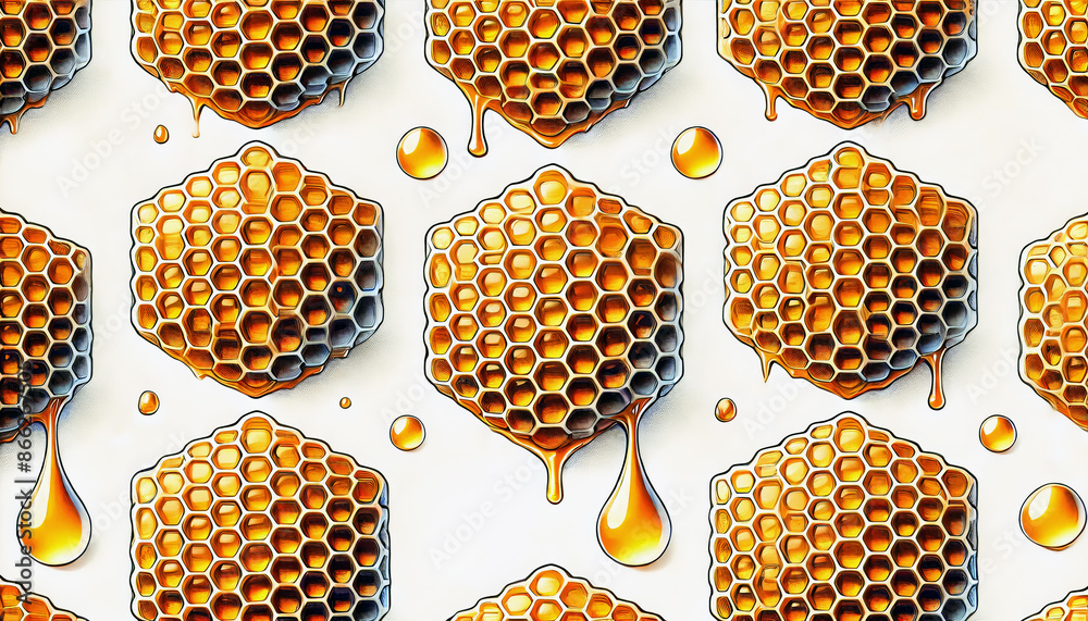 Honeycomb pattern with golden hexagonal cells and dripping honey drops ...