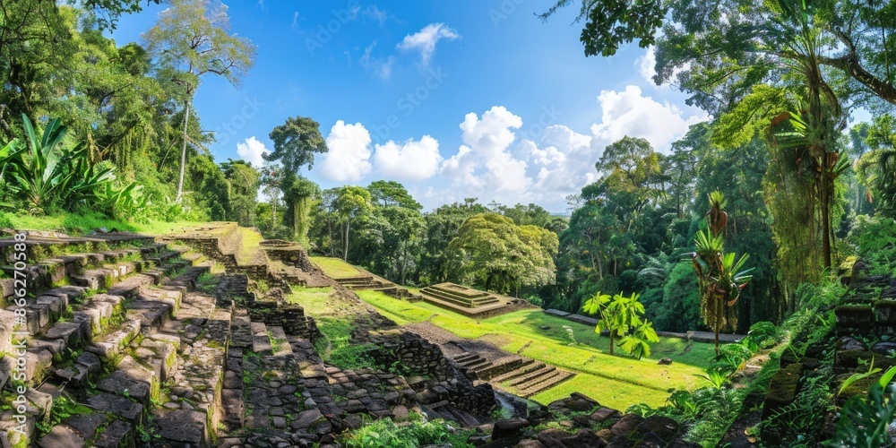 Chimu temple, Nazca temple, Mapuche temple. Vast tropical rain forest ...