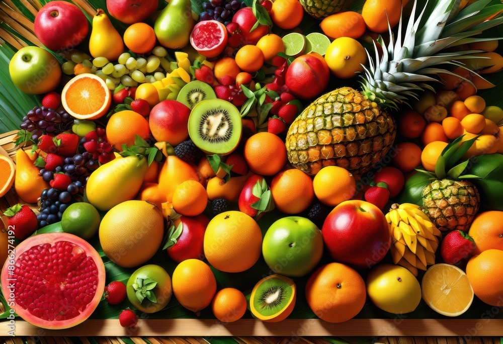 colorful exotic fruits displayed bamboo tropical fresh produce healthy ...