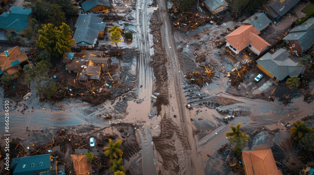 Aerial view of houses destroyed by debris flow in a devastating ...