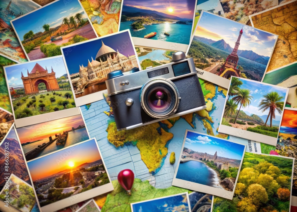 Vibrant travel collage featuring a camera surrounded by colorful maps ...