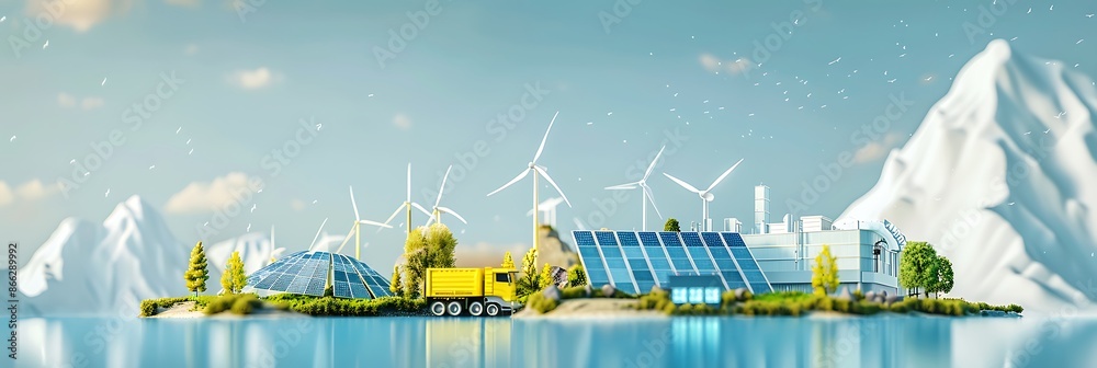 Illustration featuring various renewable energy sources such as solar ...