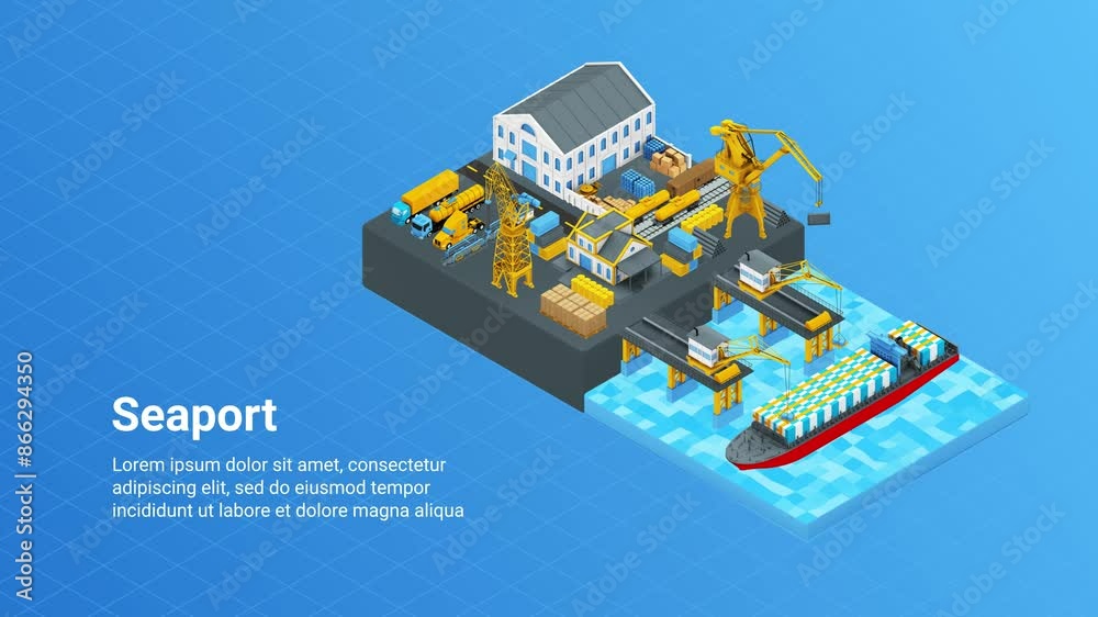 This animation shows a busy seaport with cargo ships, cranes, and other ...