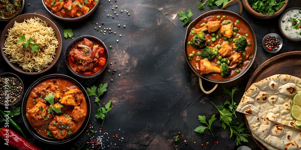 Delicious Indian Cuisine on Dark Wooden Background Curry, Butter ...