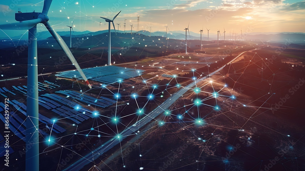 Depiction of a smart grid with solar panels, wind turbines, and energy ...