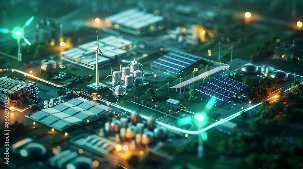 Depiction of a smart grid with solar panels, wind turbines, and energy ...