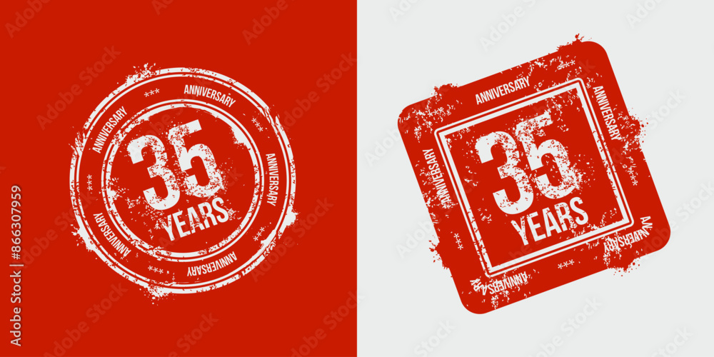 Group of 35th anniversary logos drawn as stamps, red frames for ...