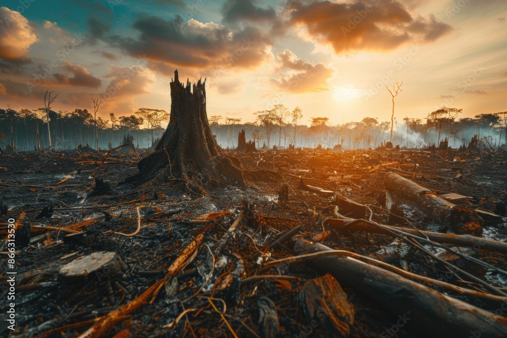 Deforestation of trees by fire and logging. Environmental destruction ...