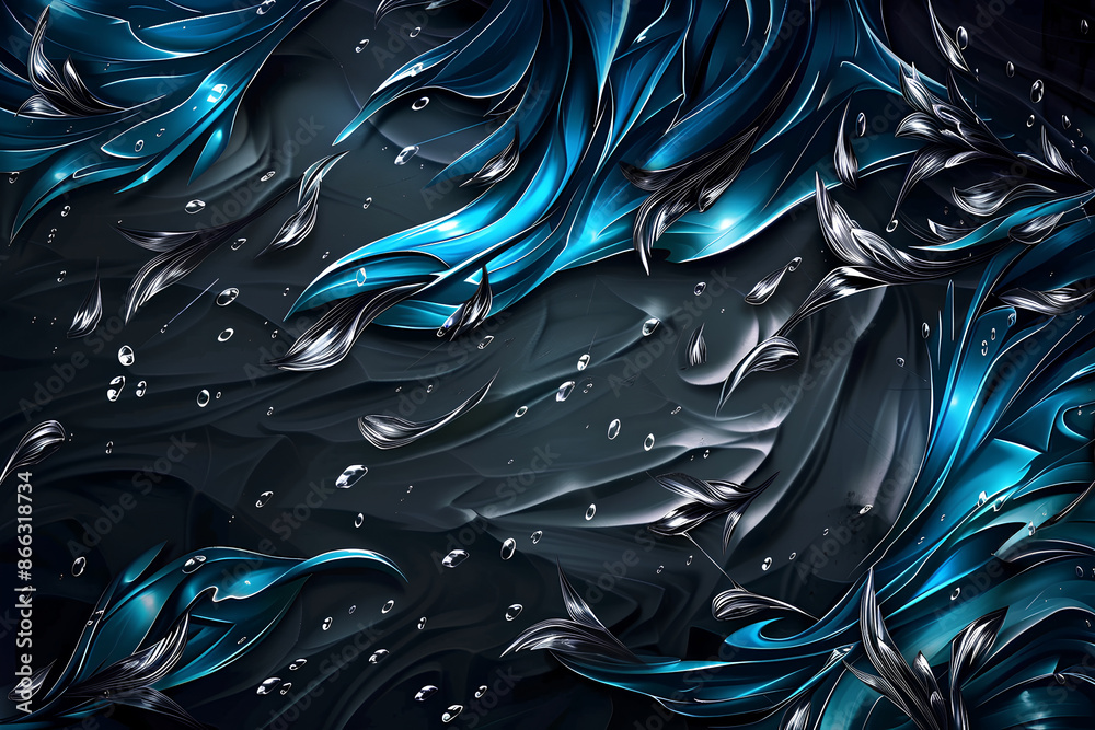 Abstract blue and silver feathers in digital art style, metallic ...