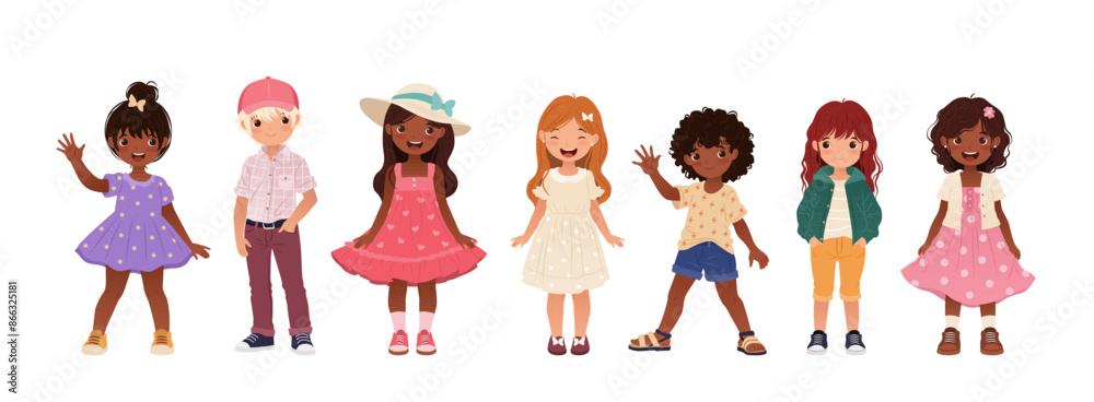 Collection of Multiracial Kids in Various Casual Clothes. Cute Cartoon ...