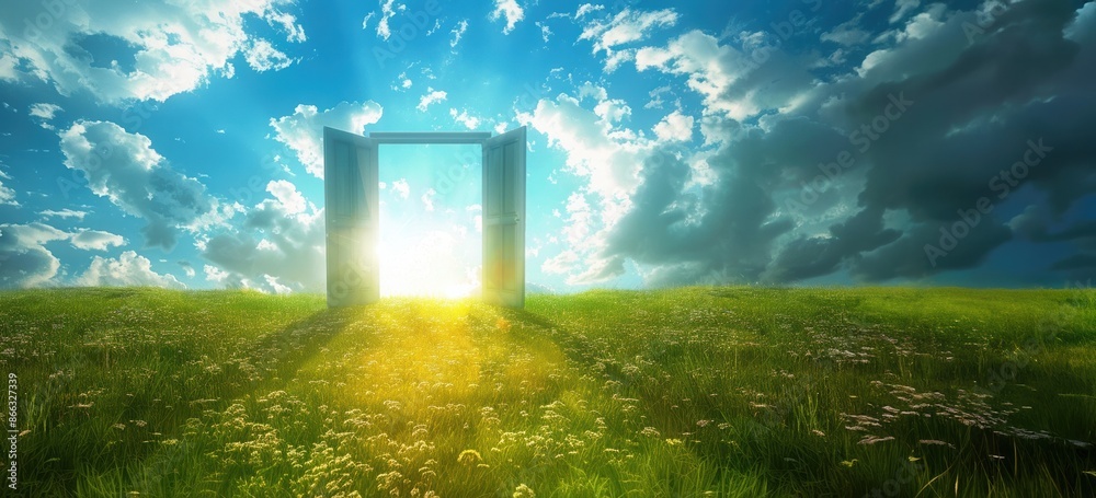 Door in the outdoors, with blue sky and clouds, grass.Light and sun ...