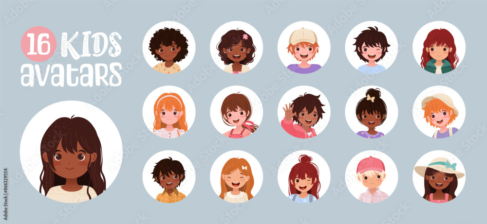 Set of 16 children avatars. Fun cartoon preschool and school kids. Boys ...