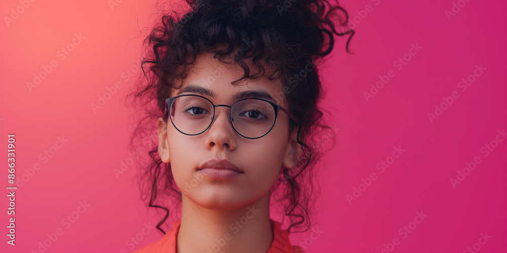 Reflective woman portrait on hot pink background, a natural portrait of ...