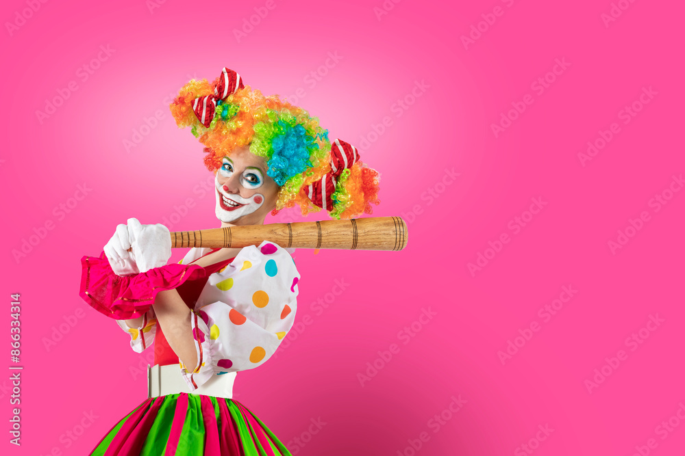 Funny female clown club-swinging. Entertainer woman Joker in colorful ...