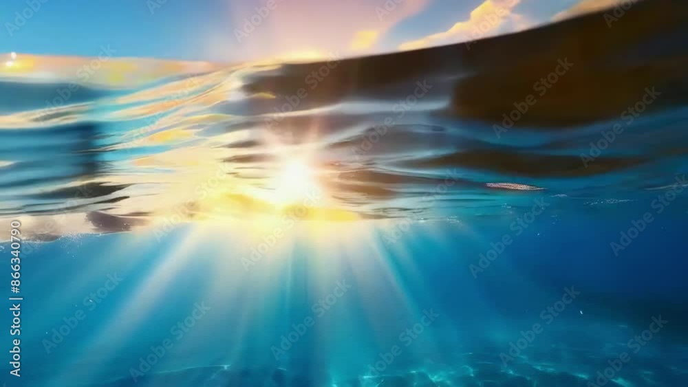 clean blue sea water line and underwater view with rays of sunset or ...