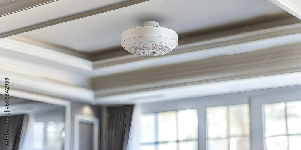 Ceiling smoke detector connected and in use for fire alarm system ...
