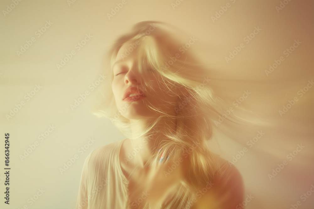Out of focus, extreme blurred photo of blonde woman, light beige ...