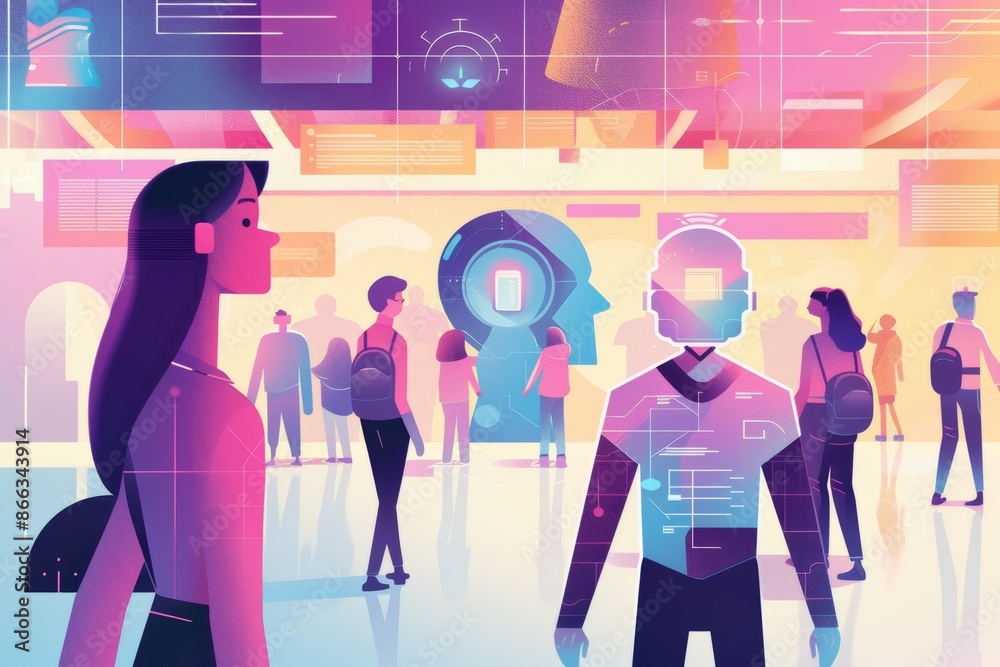 customers interfacing with ai, fast-paced development of AI flat illustration, researchers ...