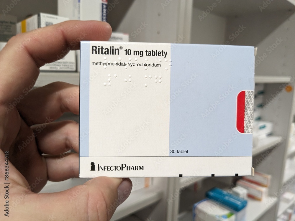 Prague,Czech republic-June 28 2024:RITALIN box of medication with ...