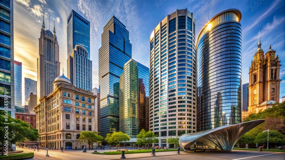 Sleek, modern skyscrapers rise beside historic Art Deco buildings, with ...