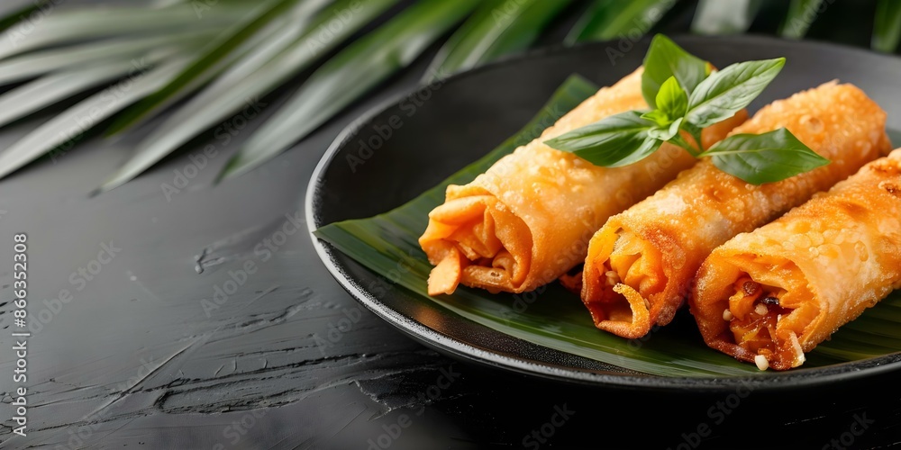 Asian Filipino dessert with fried banana and jackfruit in lumpia ...