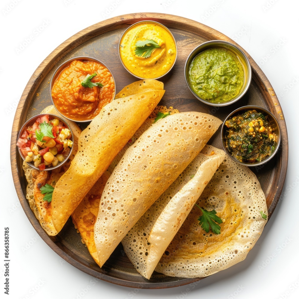 Indian dosas on a plate with different dips, side and top view, white ...