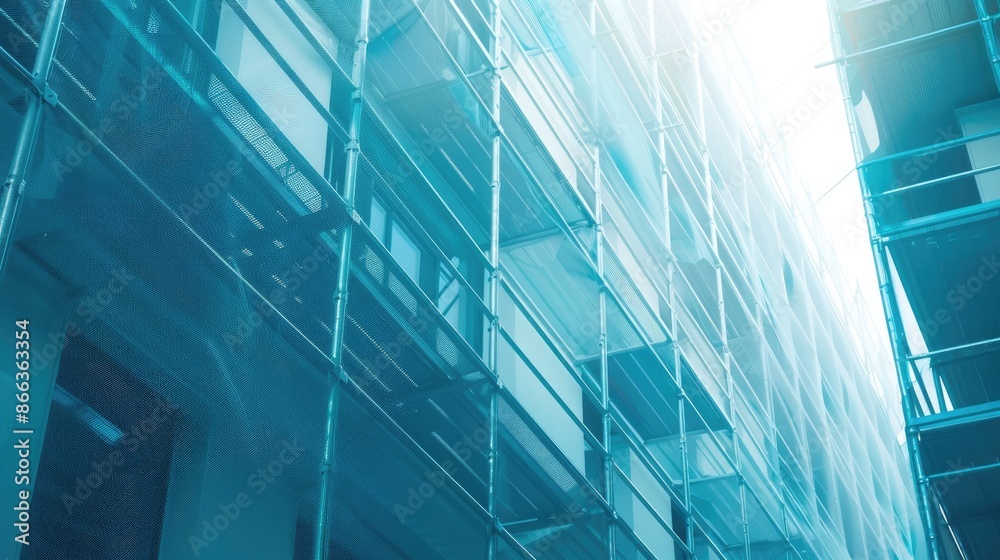 Transparent scaffold sheeting covering a building with safety ladder on ...