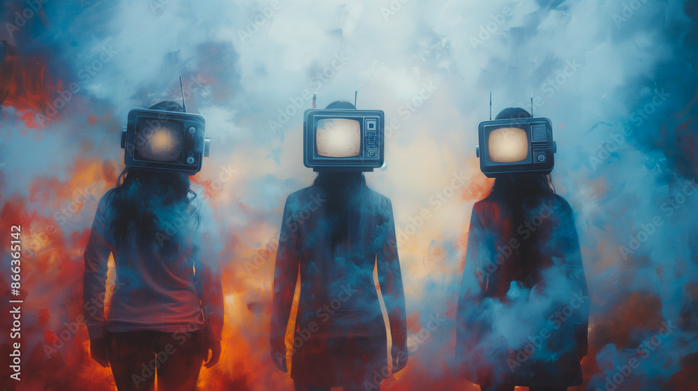 The artwork with people adorned in retro TV heads portrays a chilling ...