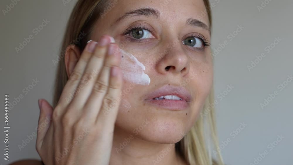 Young caucasian blonde woman applying a smear of cream on the skin ...