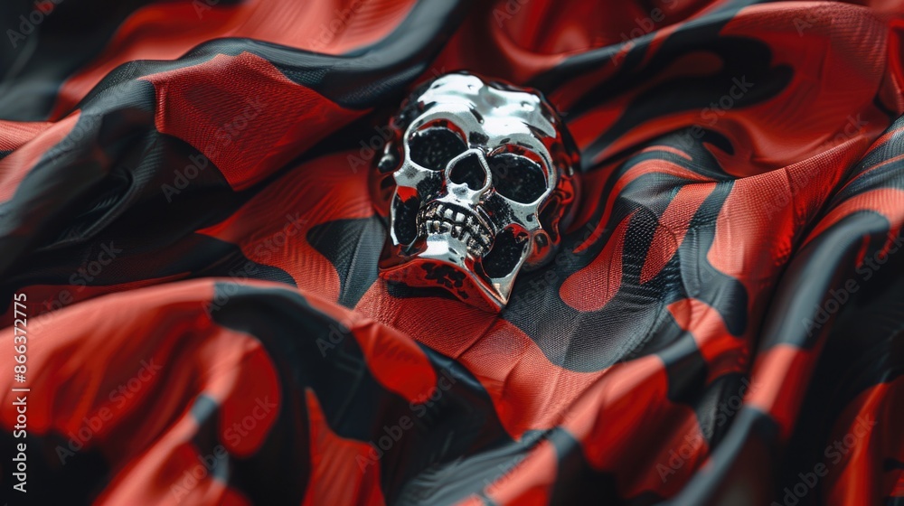 ภาพประกอบสต็อก Metallic skull pirate pin on a waving red and black flag ...